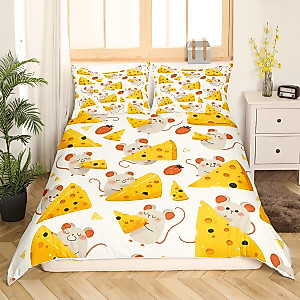 Feelyou Cartoon Mouse Duvet Cover Yellow Cheese Bedding Set for Kids Boys Girls Teens Toddler Cute Mouse Comforter Cover Set Full Size Animal Print Bedspread Cover 3Pcs Zipper