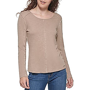 DKNY Women's Long Sleeve Layering Crewneck Sportswear Top, Mushroom, Medium