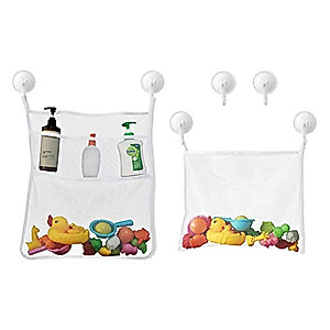 Bath Toy Organizer Mesh Storage Organizer Baby Shower Toys Bathtub Net Bag Kids Quick Dry Bathtub Mesh Net Bathtub Toy Holder 2 X Bathroom Storage Bag & 6 X Strong Suction Hooks (White)