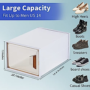 Closacessy 6 Pack Shoe Box Clear Platic Stackable Shoe Storage Containers, Drop Front Sneaker Storage Space Saving Shoe Organizer Box, Fit Up to Size 14 White