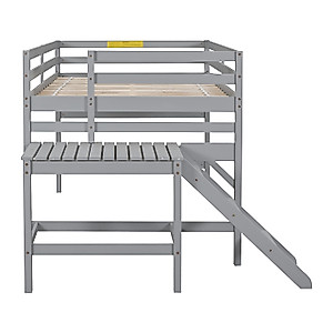 Lifeand Full Loft Wooden Bed with Platform,Ladder,Grey