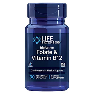 Life Extension BioActive Folate & Vitamin B12 – For Heart, Brain & GI Tract Health – Promotes Nerve Cell Growth, Cognition & Metabolism - Gluten-Free, Non-GMO– 90 Vegetarian Capsules