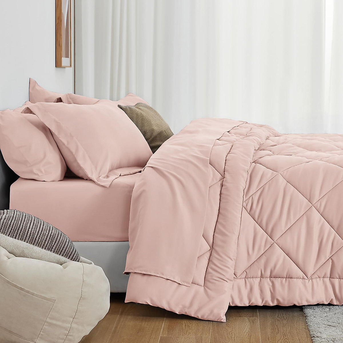 Love's cabin Twin Comforter Set Pink, 5 Pieces Twin Bed in a Bag, All Season Twin Bedding Sets with 1 Comforter, 1 Flat Sheet, 1 Fitted Sheet, 1 Pillowcase and 1 Pillow Sham