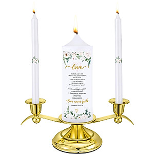 Landhoow 3 Unity Floral Candles for Wedding Ceremony Set with Golden Candle Holder White Pillar and Taper Candles Religious Wedding Catholic Anniversary Big Events Gifts for Couple