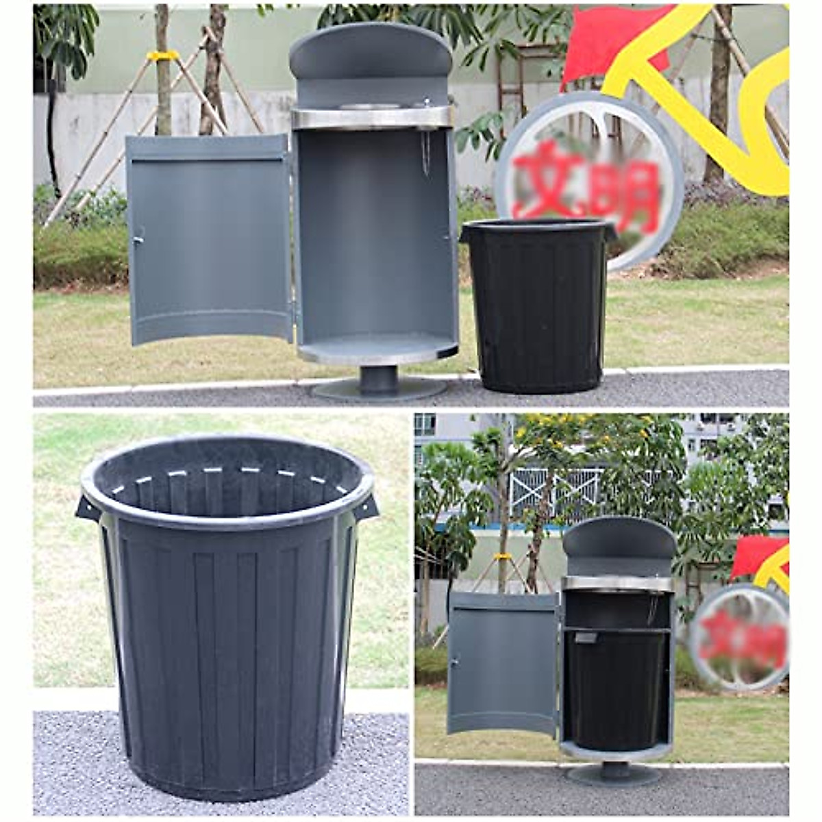 DYPASA Outdoor Trash Cylindrical Trash Can, Semi-Open Stainless Steel Outdoor Trash Can with Ashtray, Durable Commercial Outdoor Waste Container, Easy to Install Outdoor Garbage Can