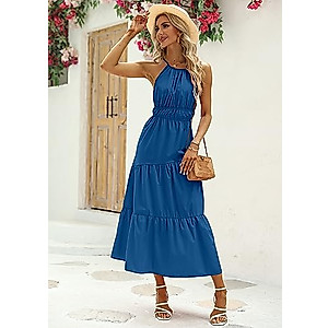 Womens Halter Sleeveless Boho Dress Casual Sexy Flowy Pleated High Waist A-Line Babydoll Midi Dresses for Women