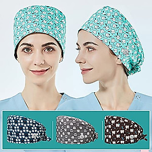 VIAOLI Dental Scrub Caps Women with Buttons Dentist Hat Working Cap Scrub Caps Nurses Hair Cover Cotton Doctor Hats