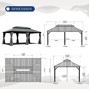 Domi 12' X 18' Hardtop Gazebo Outdoor Metal Gazebo with Galvanized Steel Double Roof Canopy, Aluminum Frame, Curtains and Netting for Patio, Deck, Garden, Grey