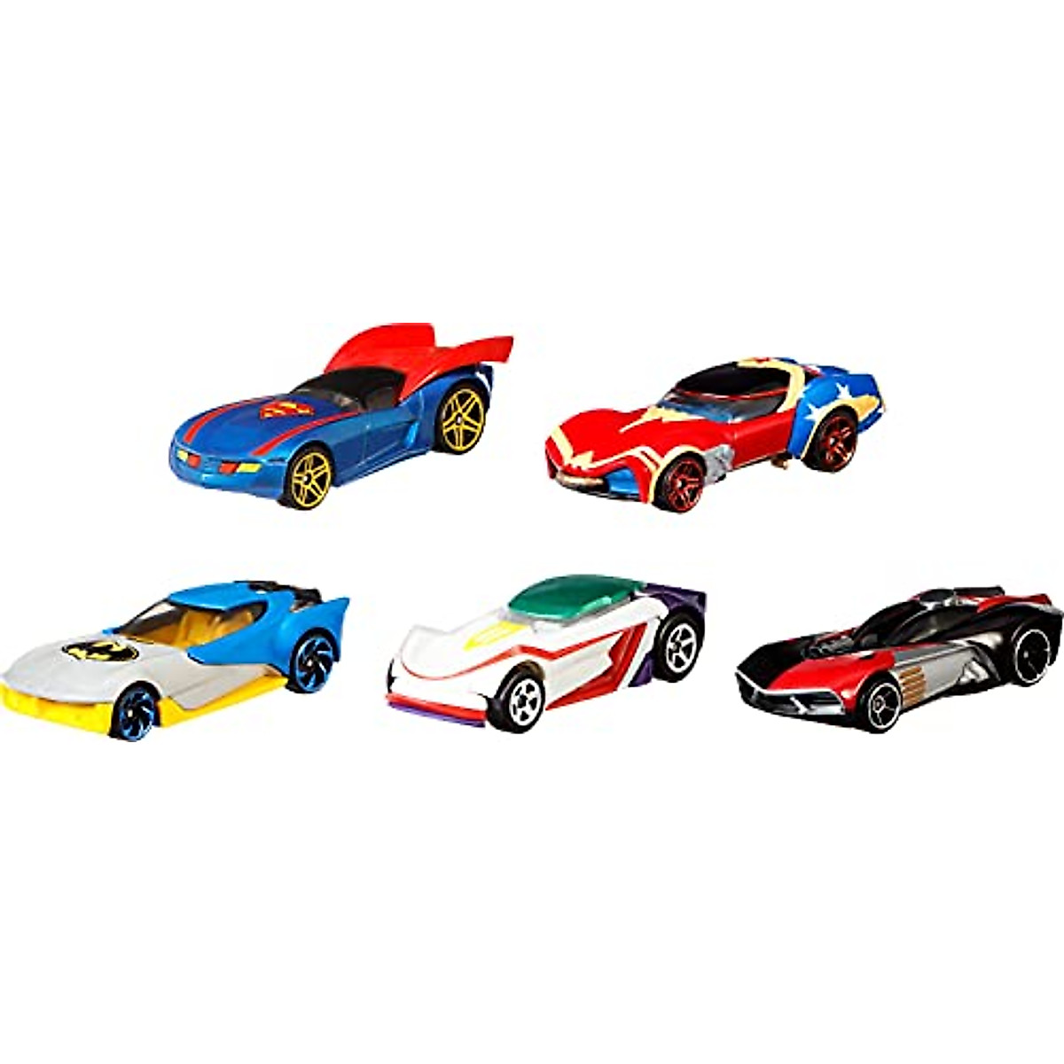 Hot Wheels Dc Toy Character Car 5-Pack in 1:64 Scale: Superman, Batman, Wonder Woman, the Joker Gt & Harley Quinn