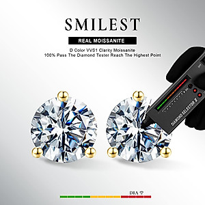 SMILEST Moissanite Stud Earrings for Women, 3 ct D Color VVS1 Clarity Brilliant Round Cut Simulated Diamond Earrings 18K Gold Vermeil 925 Sterling Silver 3-Prong Moissanite Earrings for Women Men