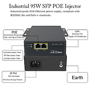 PROCET PoE Iniector 95W Active PoE++ Gigabit PoE Power Injector, 6KV Surge Protection Industrial Grade -104° F to 149° F for PTZ Camera, Wireless AP, PoS System, Kiosks, PT-PSE109GBRO