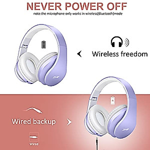 ZIHNIC Bluetooth Headphones Over-Ear, Foldable Wireless and Wired Stereo Headset Micro SD/TF, FM for Cell Phone,PC,Soft Earmuffs &Light Weight for Prolonged Wearing (Purple)