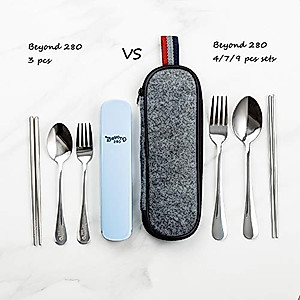 Beyond 280 Stainless Steel Flatware Set for School, Travel and Outdoor, Portable 3 Piece Set Reusable Chopsticks, Fork, Spoon (Blue Case)