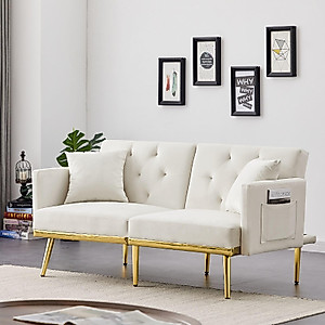 ROCKINGRUN 59'' Convertible Velvet Sofa Bed, Loveseat Sofa Bed with Metal Support Feet, Modern Comfy Loveseat Couch, Adjustable Backrest, Stylish Tufted Sofa Bed for Living Room, Bedroom (Cream White)