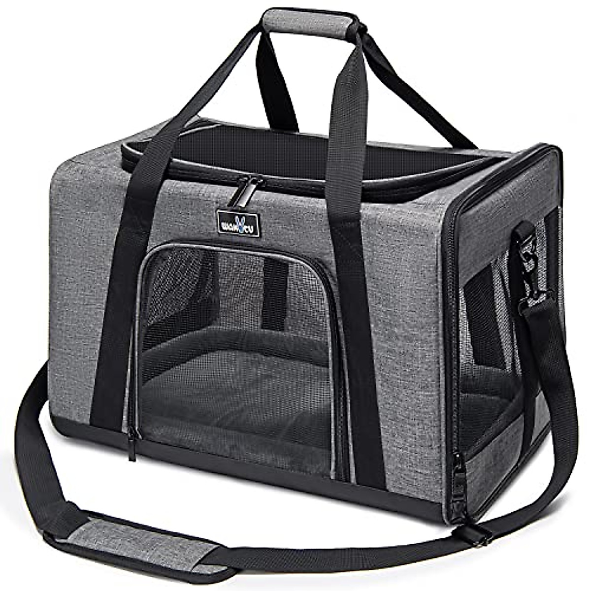 Wakytu Pet Carrier for Medium Large Cats and Dogs, Dog Carrier Travel Bag with Adequate Ventilation, 5 Mesh Windows, 3 Entrance, Locking Safety Zippers, Padded Shoulder and Carrying Strap, Large