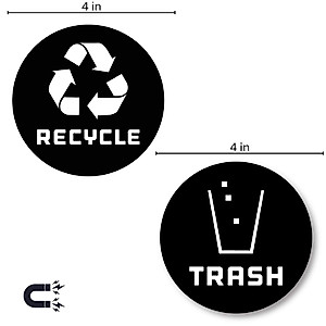 Recycle Trash Sticker Magnets for Kitchen Trash cans and Recycle Bins - 4in Circle - Combo for Garbage cans and Recycle Bins (Black - Magnetic)
