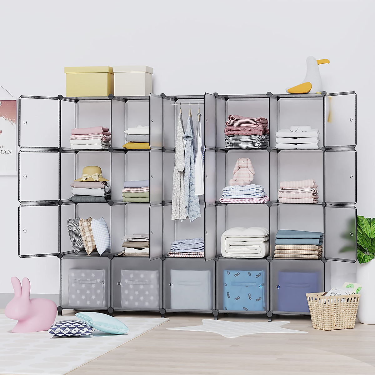 HOMIDEC Cube Storage Organizer, Heavy Duty Portable Closet Wardrobe with Door, 58in Large Closet Organizers and Storage with Hanging Rod for Clothes Yarns Toys Books Tools(20 cube grey)