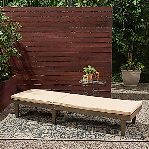 GDFStudio Great Deal Furniture Outdoor Acacia Wood Chaise Lounge and Cushion Set, Gray and Cream