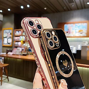 L-FADNUT Magnetic Case for iPhone 14 Pro Max Women Girls Luxury Plating Cute Love Heart Soft Back Cover Full Camera Lens Protection MagSafe Phone Case iPhone 14 Pro Max Case Pink