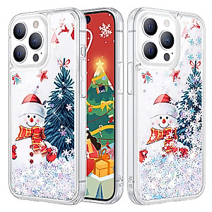 Caka Case Compatible for iPhone 14 Pro Max Glitter Case Christmas Girly Women Bling Sparkle Flowing Floating Snowflake Quicksand Phone Case for iPhone 14 Pro Max 6.7 inches (Snowman)