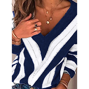 PRETTYGARDEN Women's Fashion Long Sleeve Striped Color Block Knitted Sweater Crew Neck Loose Pullover Jumper Tops (Striped Blue,Medium)