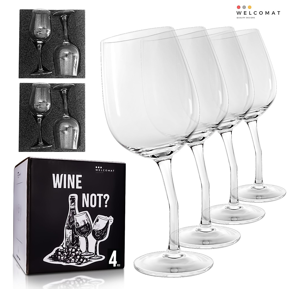 WELCOMAT Funny Wine Glass, Wine Not Glasses -12 fl oz - Christmas Gift, Stem Bent, Birthday Gifts Red or White Wine Glass, Lead-Free Crystal, Dishware Safe - Italian Style