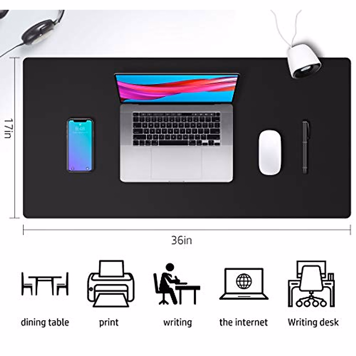Desk Pad Protector,Mouse Pad/ Mat, Non-Slip PU Leather Laptop Desk Blotter, Waterproof Writing Pad for Office and Home (Black,36" x 17")