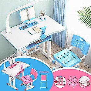 Children's Combined Study Desk and Chair Set, Height Adjustable Home School Use Anti-Reflective Children Study Table with LED Light/Reading Board/Pull-Out Drawer 80 x 49cm (Pink)