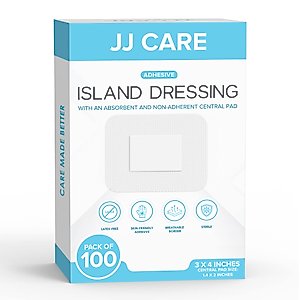 JJ CARE Adhesive Island Dressing [Pack of 100], 3x4 Sterile Bordered Gauze Dressing, Individually Wrapped Island Wound Dressing with Highly Absorbent Non-Stick Center Pad