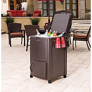 Suncast Resin 77 Quart Wicker-Look Outdoor Patio Cooler with Wheels, Dark Brown