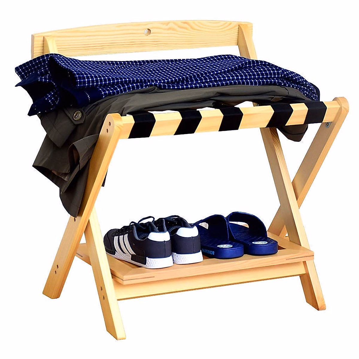 ELEdvb Luggage Rack Luggage Rack with Shoe Shelf Hotel Room Foldable Solid Wood Suitcase Holder Luggage Rack Shelving Suitcase Backpack