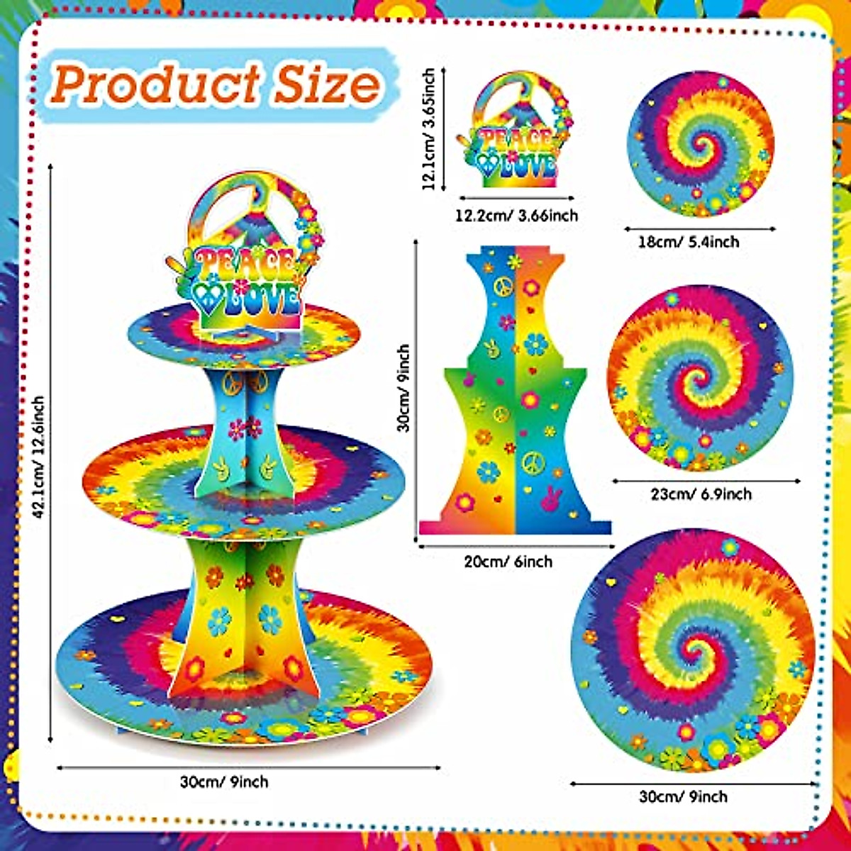 3 Tier 60's Hippie Theme Party Decorations 60s Groovy Cupcake Stand Peace Sign Decorations Cupcake Holder Tie Dye Peace and Love Dessert Tower for 60s 70s Hippie Carnival Birthday Party Supplies
