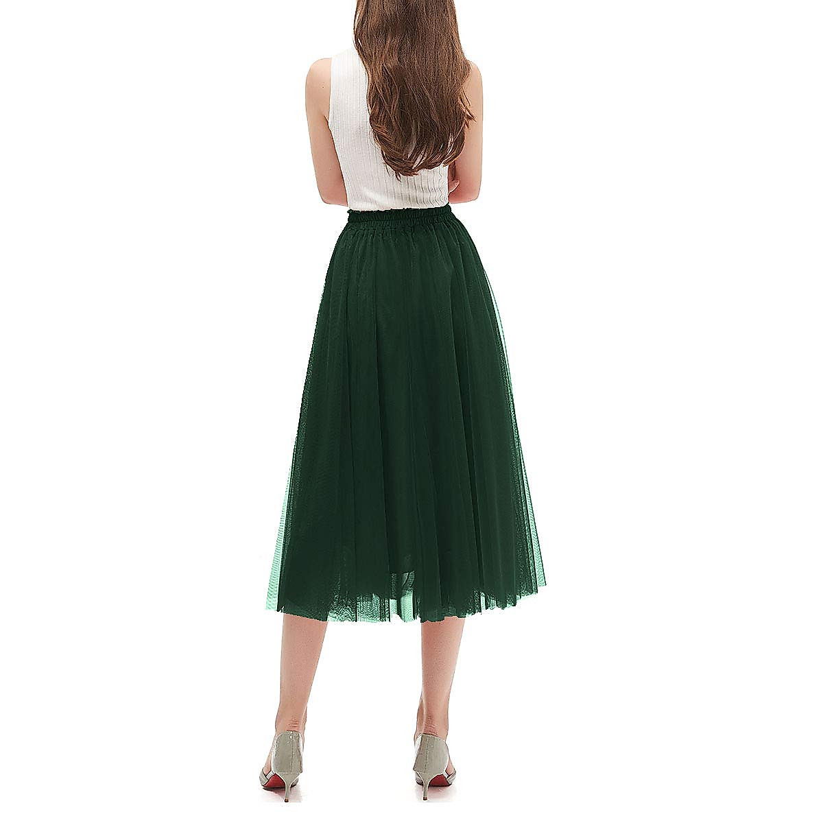 OBBUE Women's A Line Tulle Party Evening Tutu Skirts Tea Length Dark Green-L/XL