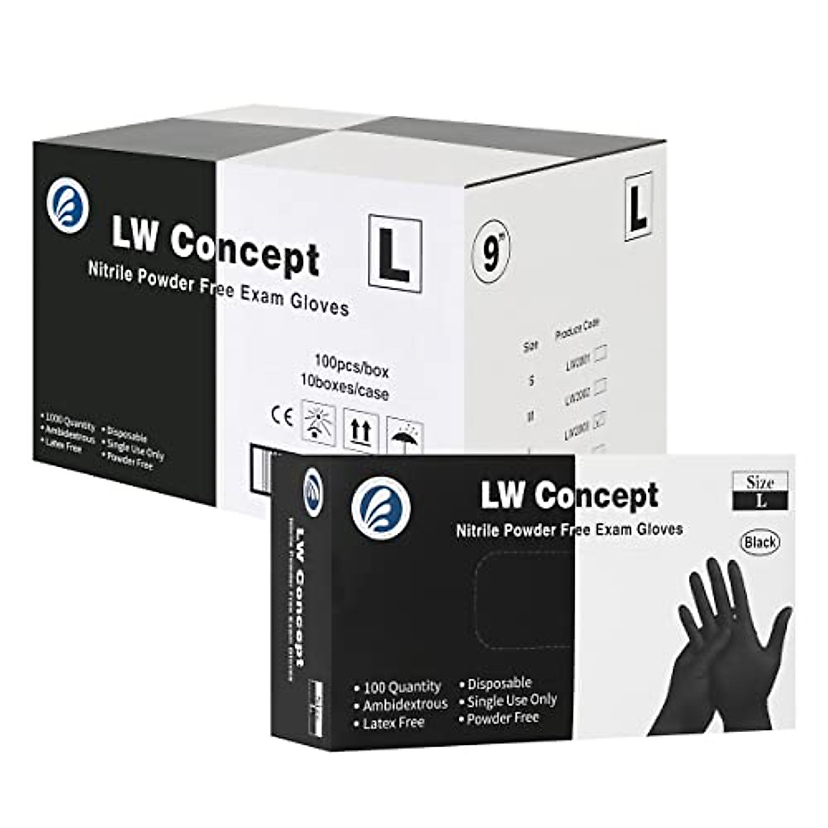 LW Concept Black Medical Nitrile Examination Gloves - Latex & Powder-Free, Disposable, Ultra-Strong, Healthcare, Food Handling Use (Large, Case of 1000)