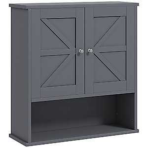 kleankin Farmhouse Bathroom Wall Cabinet, Wall Mounted Medicine Cabinet with Open Shelf & Adjustable Shelf, Storage for Laundry Room, Gray
