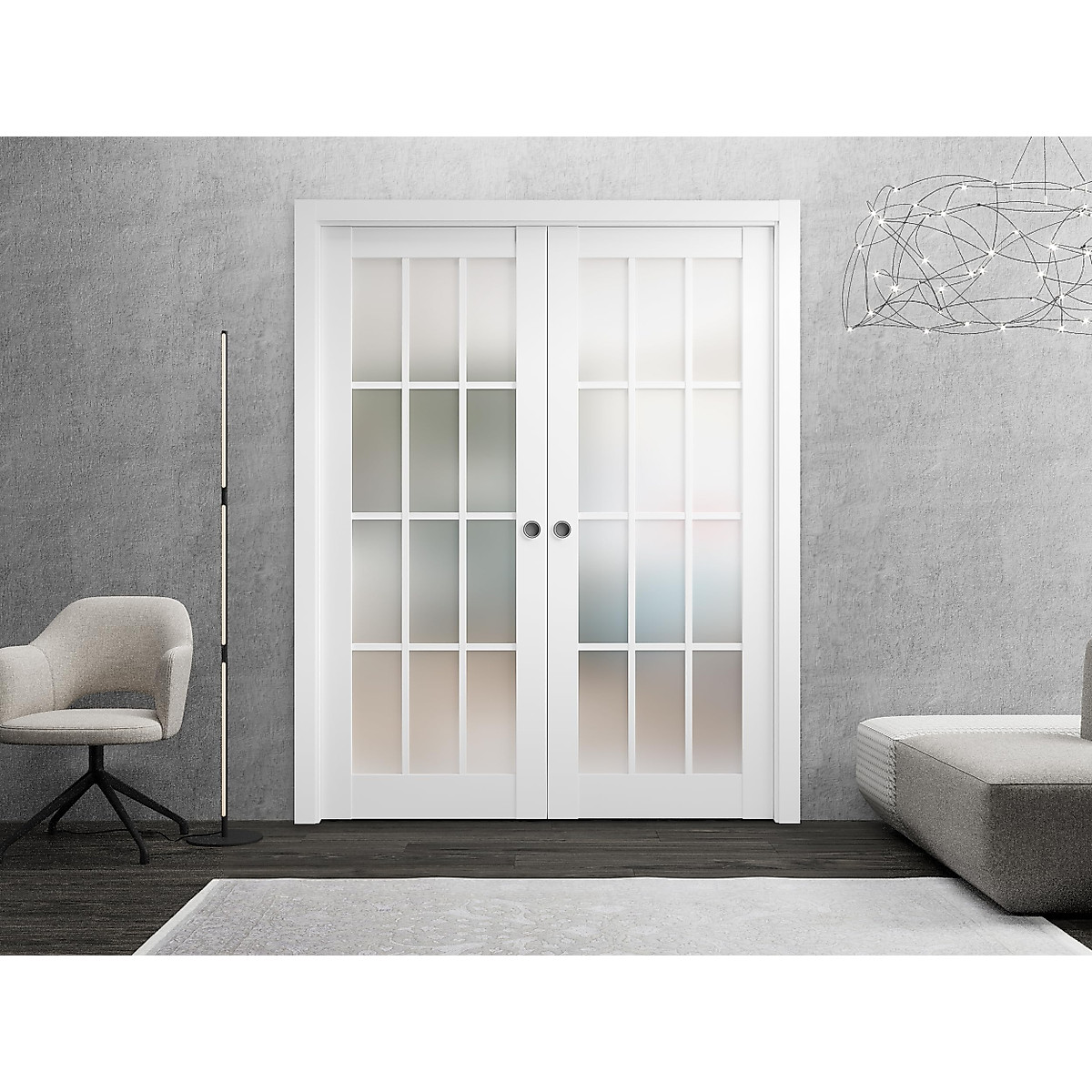 SARTODOORS Sliding French Double Pocket Doors 60 x 80 inches Frosted Glass 12 Lites | Felicia 3312 Matte White | Kit Trims Rail Hardware | Solid Wood Interior Bedroom Sturdy Doors
