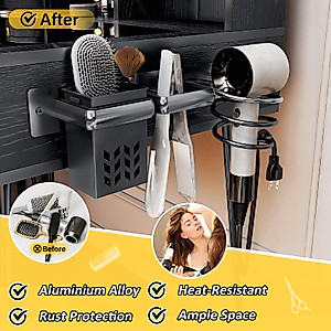 TC-HOMENY Makeup Desk Glass Top, Vanity Desk Dressing Table with Hair Tool Holder and Charging Station, 2 Drawers & Open Shelves Dresser Desk and Cushioned Stool Set