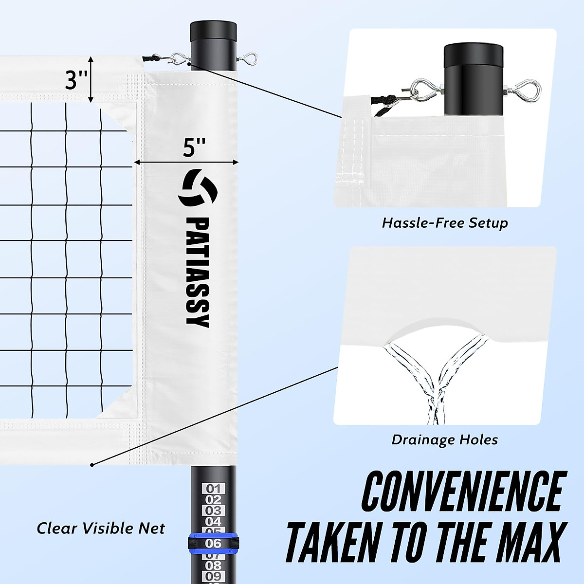 Patiassy Portable Professional Outdoor Volleyball Net Set with Adjustable Height Aluminum Poles, Winch System, Volleyball with Pump and Carrying Bag for Backyard Beach (White)