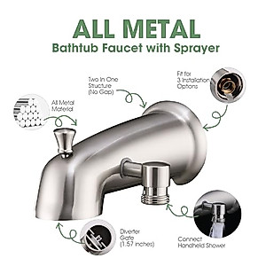 RAINREVIVE All Metal Tub Spout with Diverter for Hand Held Shower, Fits for Threaded 1/2" or 3/4" IPS, Bathtub Faucet with Shower Diverter Universal Tub Diverter Spout, Brushed Nickel