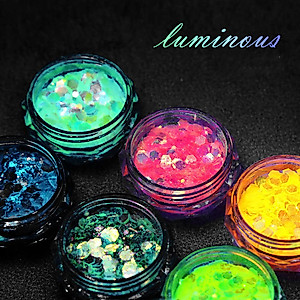 18 Colors Glow in The Dark Face Body Glitter Gel, Luminous Iridescent Glitter for Eye Lip Nail Hair, Self-Adhesive UV Holographic Face Glitter Gel Halloween Christmas Party Makeup (18 Colors)