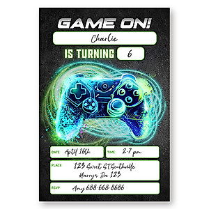 LoaHak Video Game Birthday Party Invitations, Video Game Birthday Invitations, Neon Party Invite, Birthday Party Invitations for Friends, Classmates, Teammates, etc. (046)
