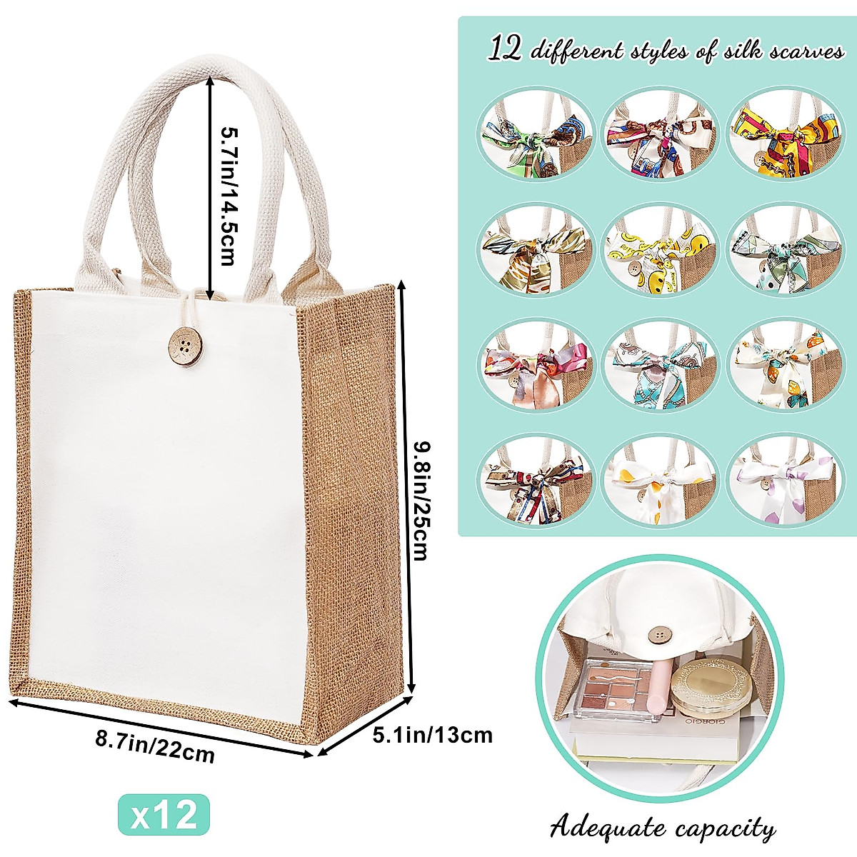 VeyFolzin.st Jute Burlap Totes Bags, Reusable Waterproof Tote Shopping Bag Blank DIY Canvas Gift Bag with Button & Ribbons (B)