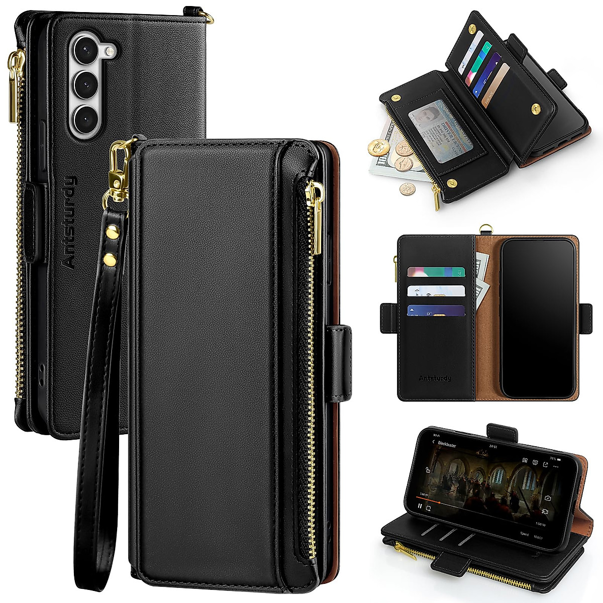 Antsturdy for Samsung Galaxy S23 FE 5G Wallet Case with Card Holder Women Men,Galaxy S23 FE Phone Case RFID Blocking PU Leather Flip Shockproof Cover with Wrist Strap Zipper Credit Card Slots,Black