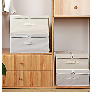 Large Foldable Storage Boxes with Lids Fabric, Large Toy Box, Lidded Storage Bins with Handles for Clothes, 40L Organiser Bathroom Storage Baskets for Clothes Toys Books Bedding or More (Beige 2 Pack)