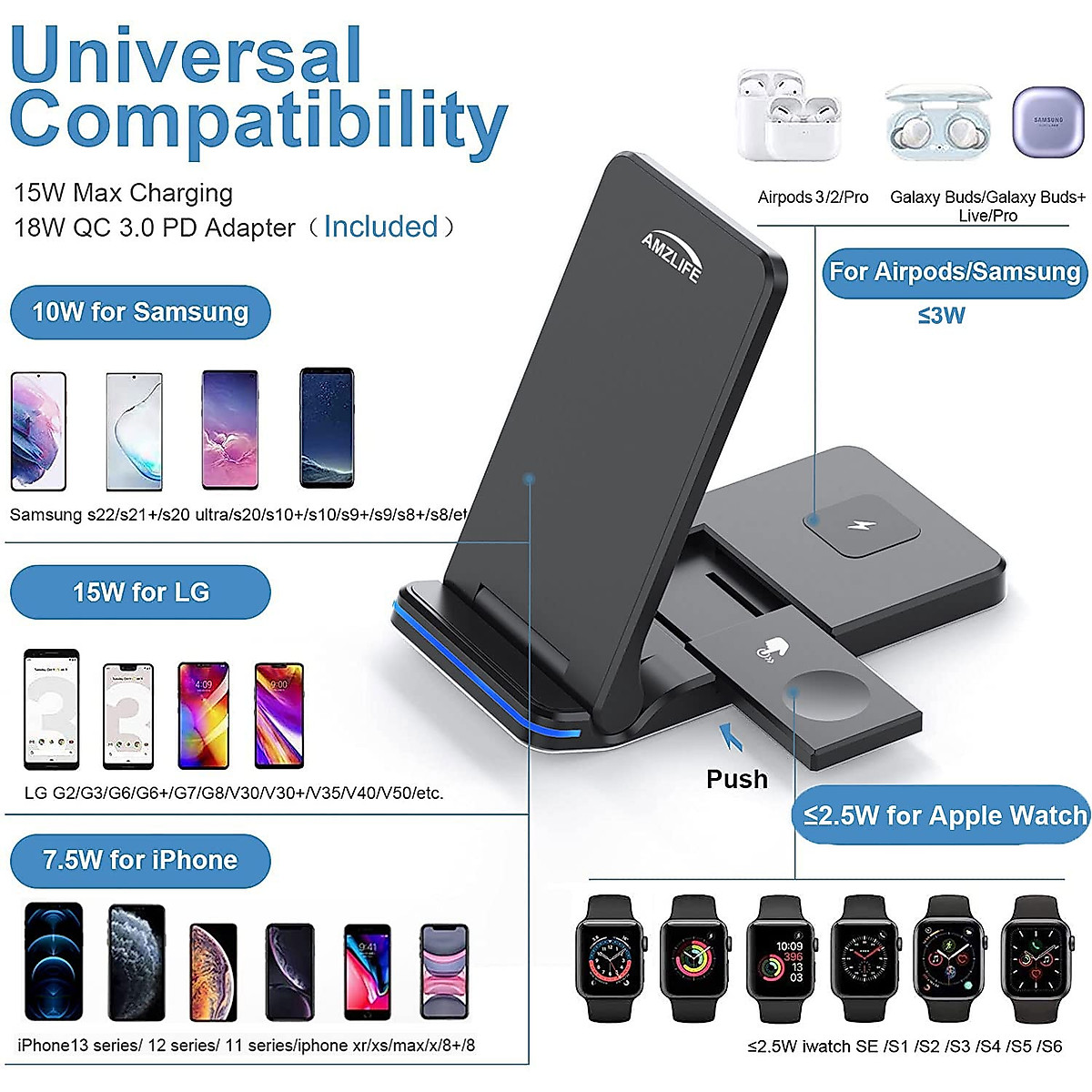 Wireless Charger 3 in 1 Wireless Charging Station Qi Fast Charger Stand for iPhone 13/12/11/Pro/Max/XR/XS/XS Max/X /8/8 Plus, Apple Watch, Airpods 2/Pro, Samsung Galaxy Phone with 18W Adapter, Black