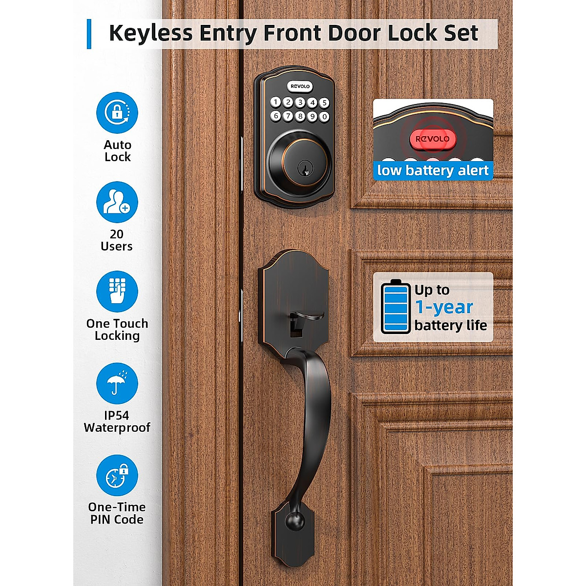 Revolo RE001 Electronic Keypad Deadbolt, Keyless Entry Door Lock, Keyed Entry, Auto Lock, Smart Lock with Handle, Front Door Handle Sets, Anti-Peeking Password, Oil-Rubbed Bronze