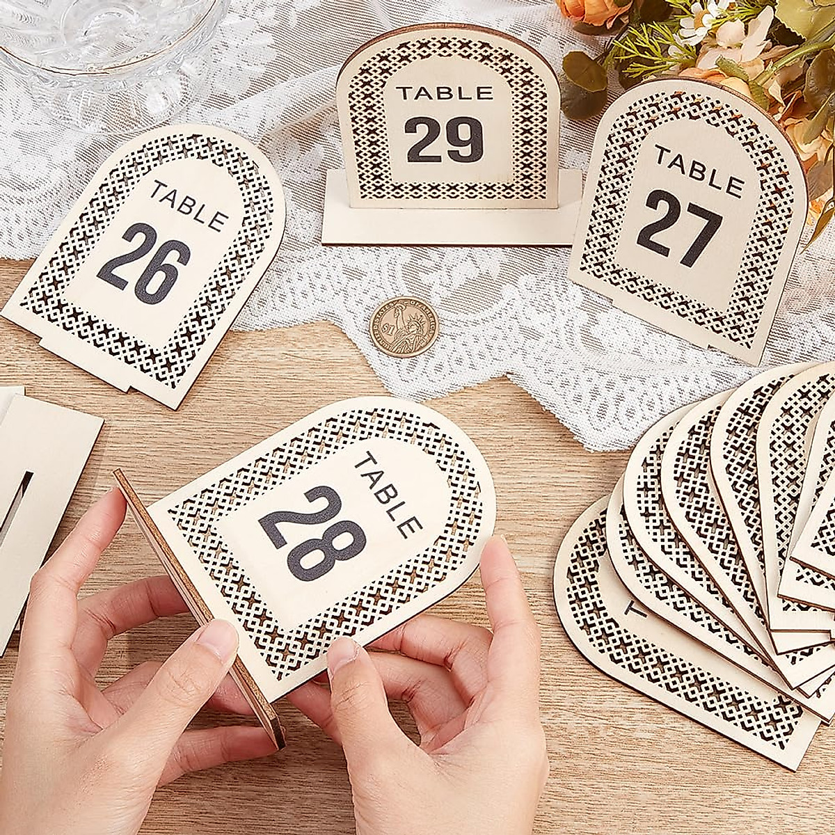 OLYCRAFT 30 Sets Wooden Table Number Signs 3.1x4.3 Inch Numbers 1~30 Rattan Openwork Wooden Sign Wedding Table Numbers Stands with Base Table Number Display for Restaurant Receptions Wedding Supplies