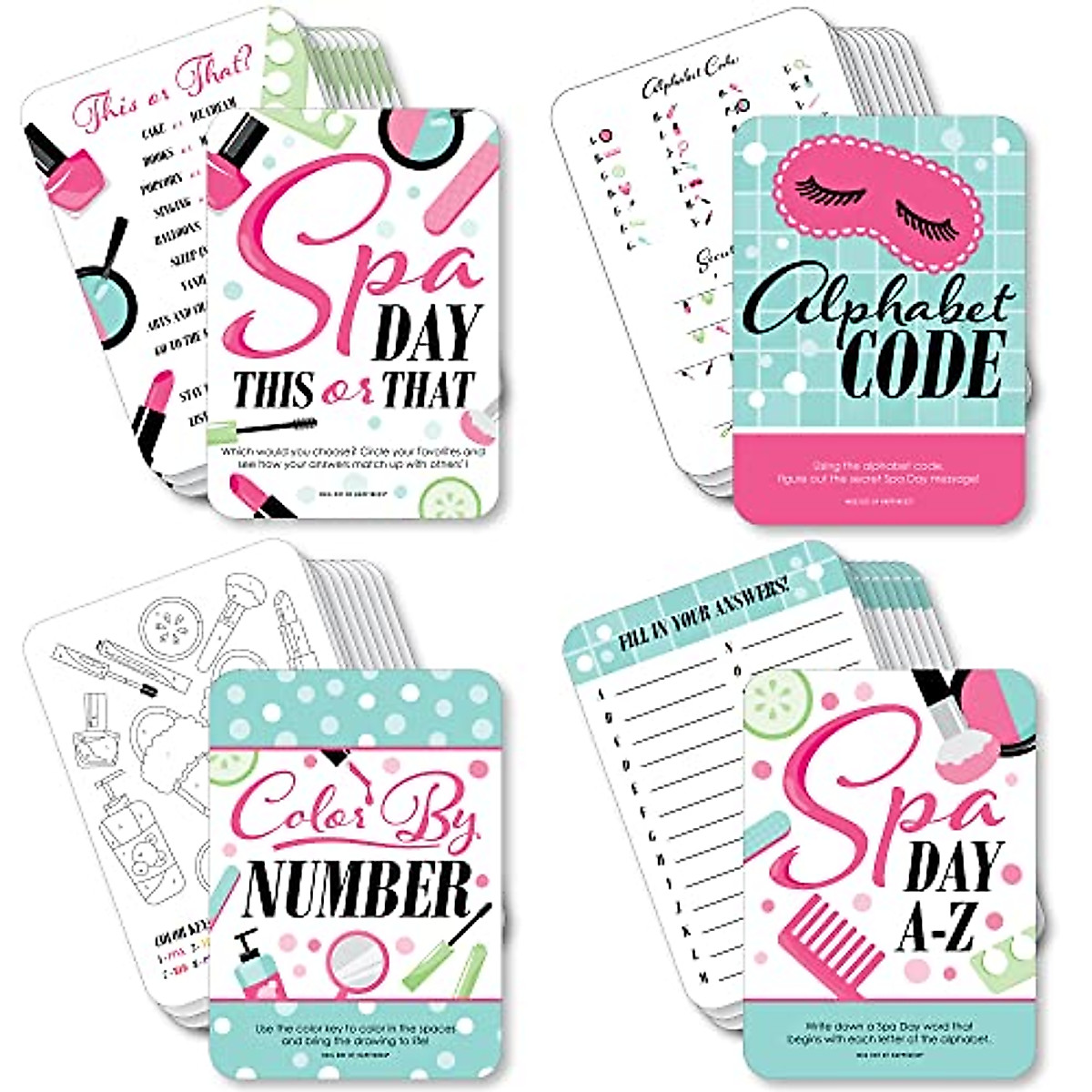Big Dot of Happiness Spa Day - 4 Girls Makeup Party Games - 10 Cards Each - Gamerific Bundle