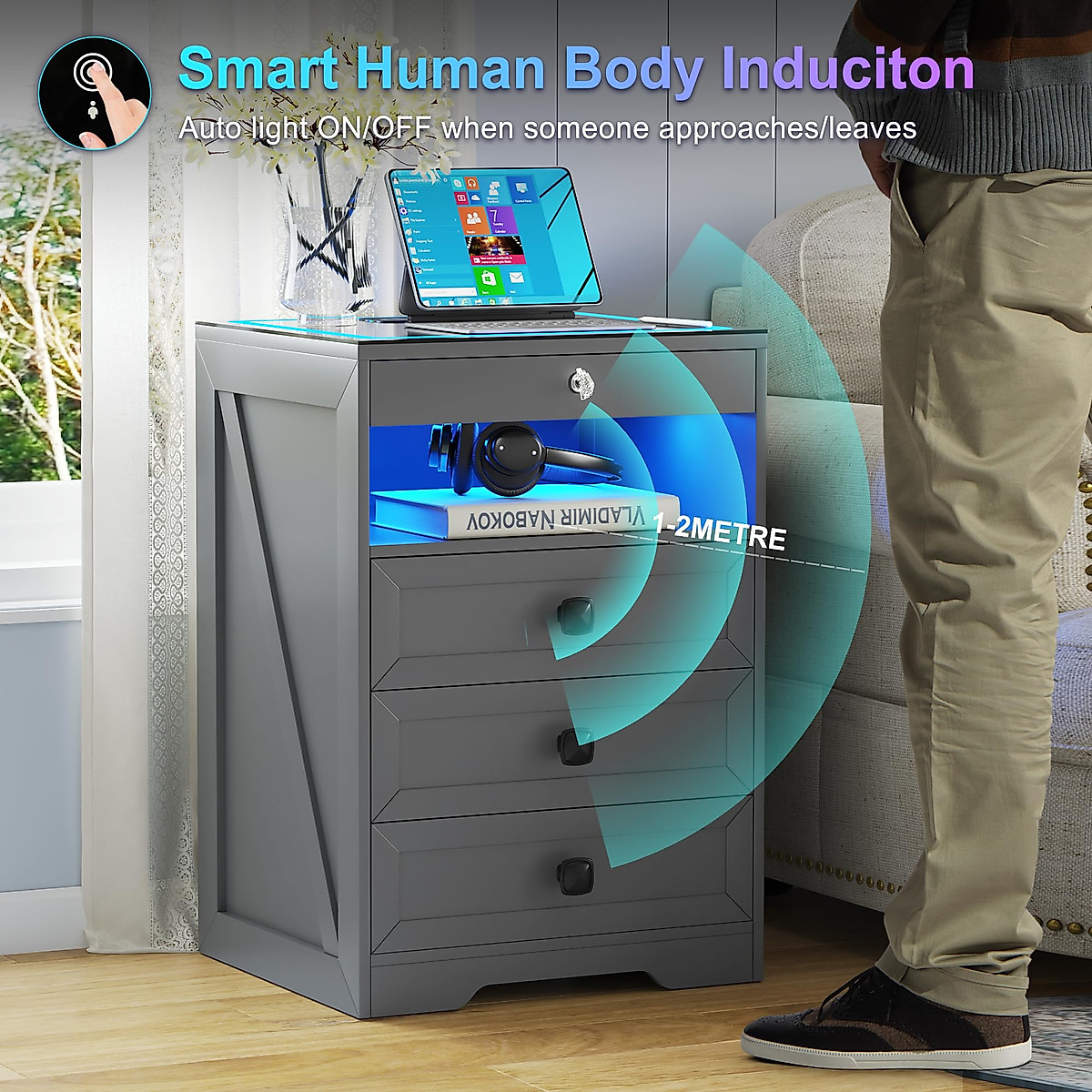 Lvifur RGB Nightstand with Gun Drawer, Glass Top Bedside Table with Wireless Charger Station, LED Night Stand with Human Sensor Design, Modern End Table for Bedroom Living Room (White)