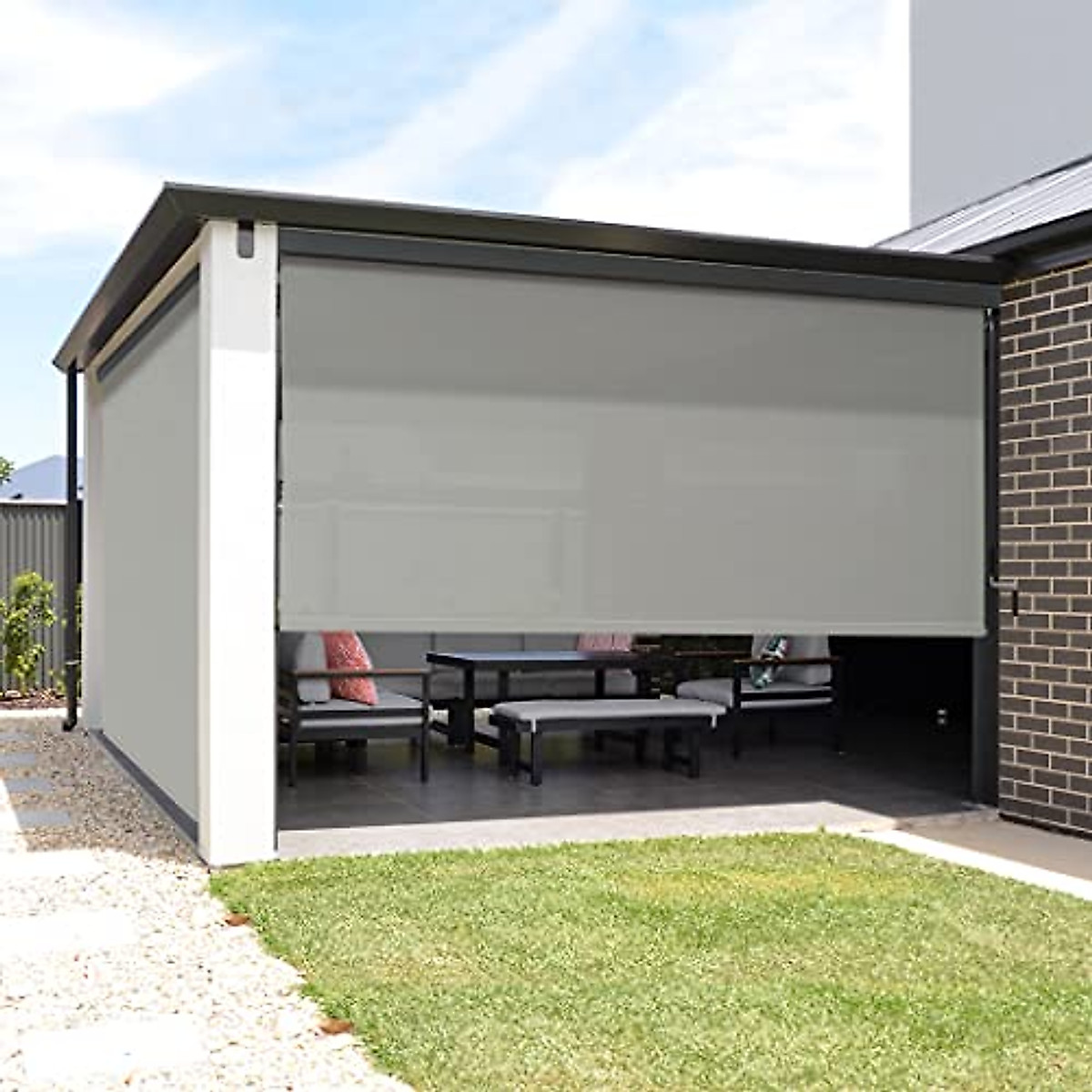 VICLLAX Premium Outdoor Roller Shade PVC Fabric Exterior Roller Shade Crank Operated with Aluminum Protective Valance for Porch Patio Pergola, 8 feet x 8 feet, Light Grey